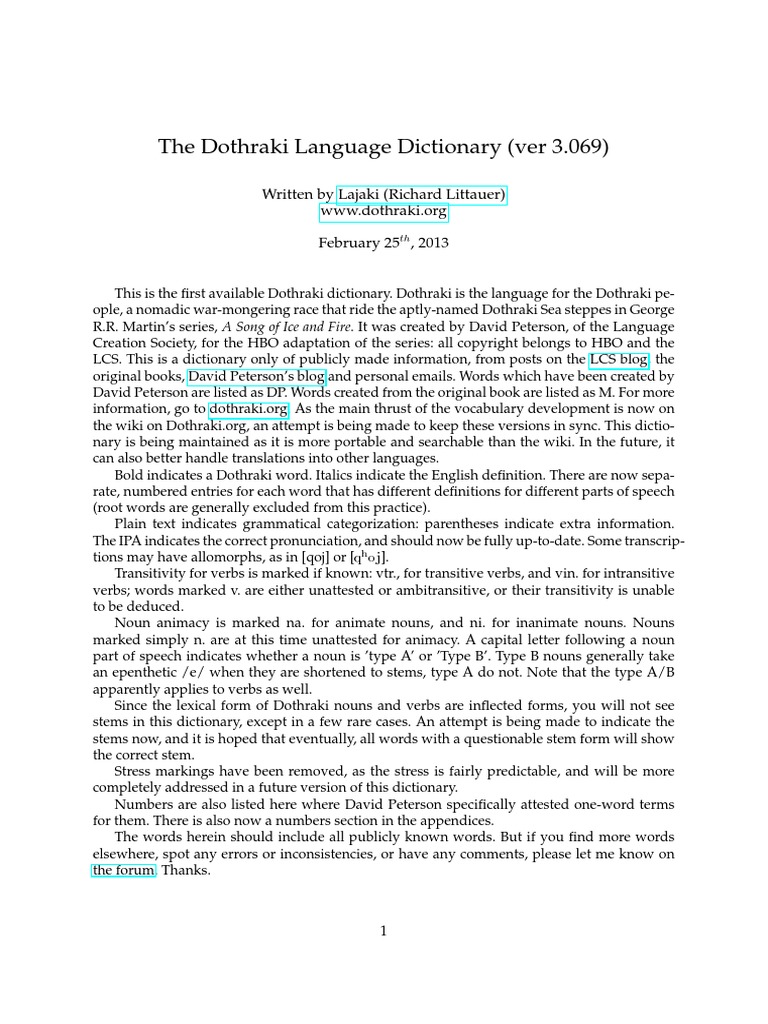 Littaur Richard (Lajaki) .-The Dothraki Language Dictionary PDF | PDF ...