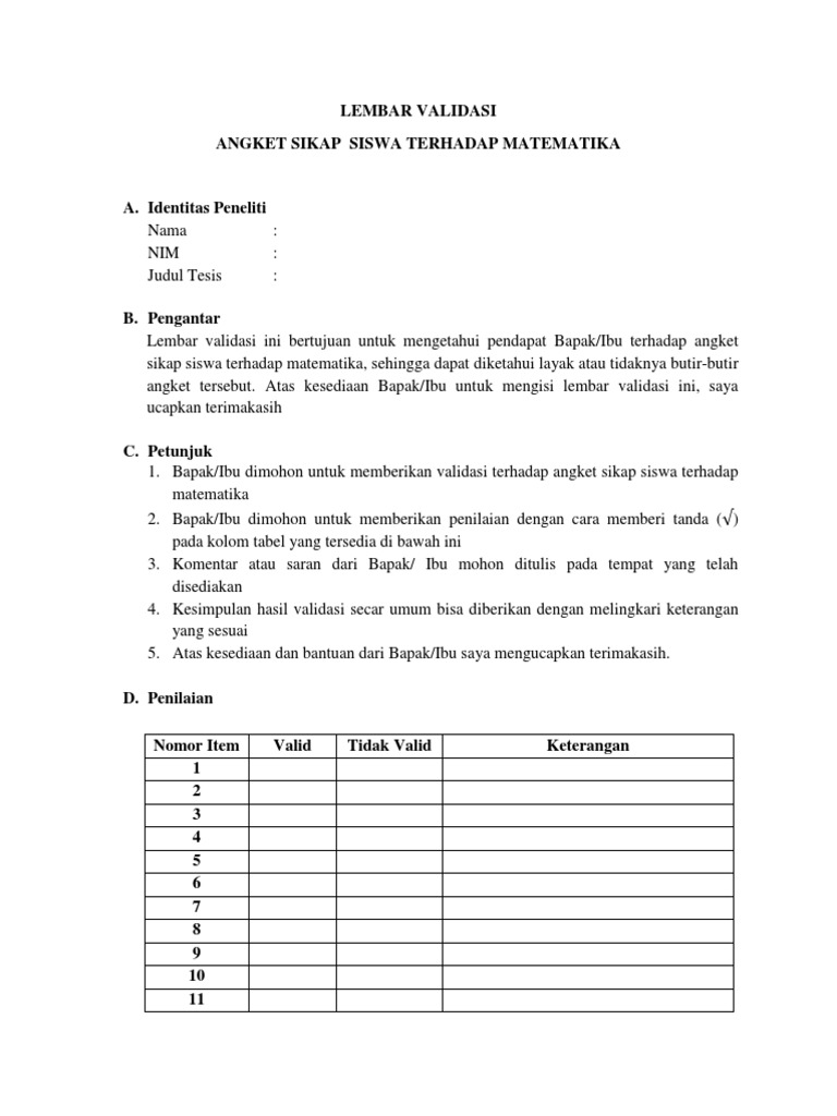 Contoh Lembar Validasi Angket | PDF