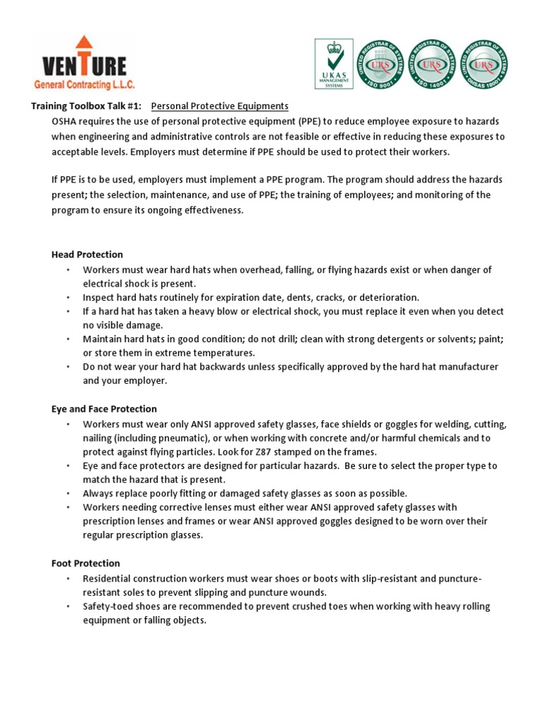 Training Toolbox Talk 01 - PPE | PDF | Personal Protective Equipment ...