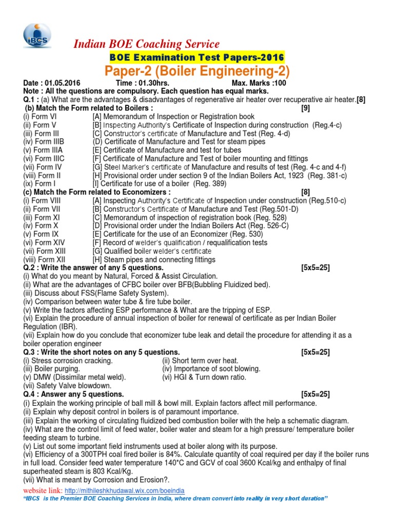 Paper-2 (Boiler Engineering-2) : Indian BOE Coaching Service | PDF ...