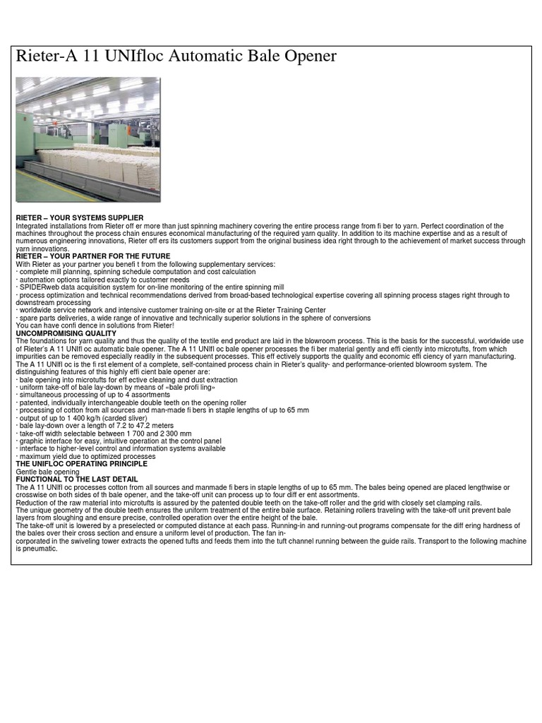 Rieter-A 11 UNIfloc Automatic Bale Opener | PDF | Machines | Spinning ...