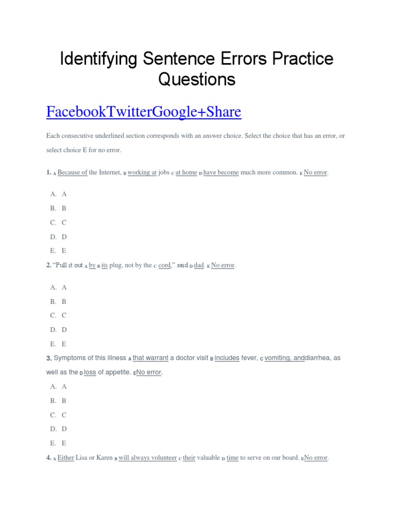 Identifying Sentence Errors Practice Questions | Download Free PDF ...