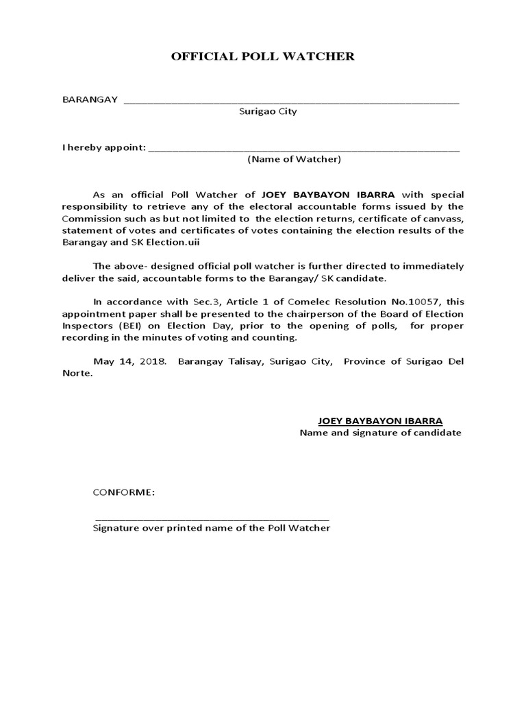 Official Poll Watcher Appointment | PDF | Finance & Money Management ...
