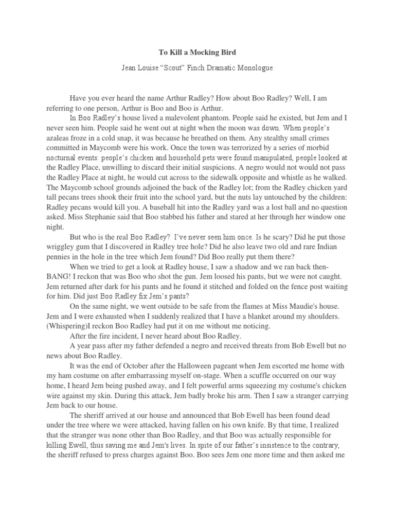 Scout Monologue Final | PDF | To Kill A Mockingbird | Violence