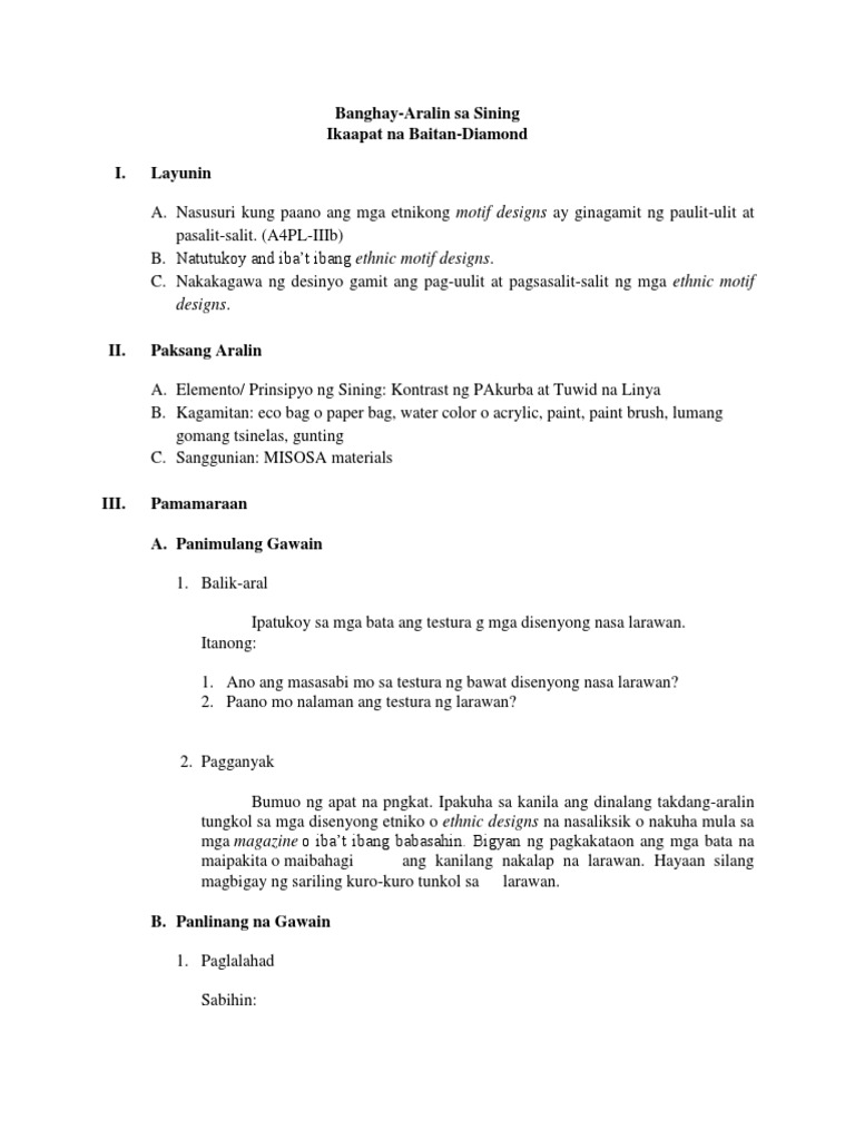 Banghay-Aralin Sa Sining (Yunit 3-Aralin Bilang 2 - Kontrast NG Pakurba ...