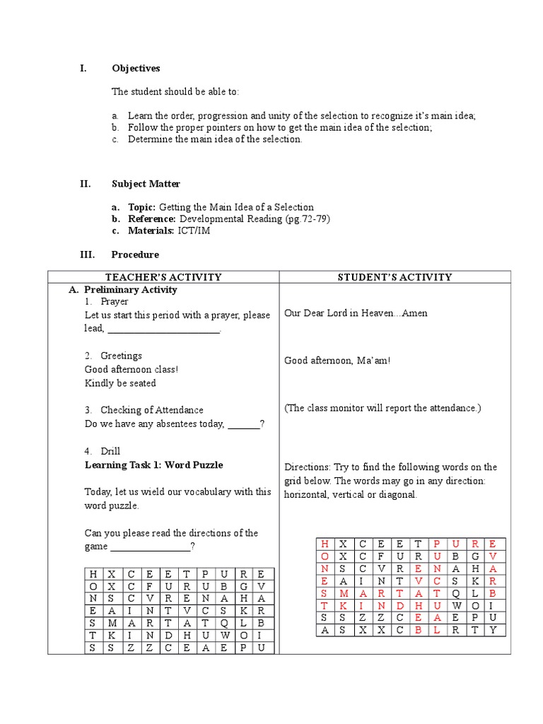 Lesson Plan (Getting The Main Idea) | PDF