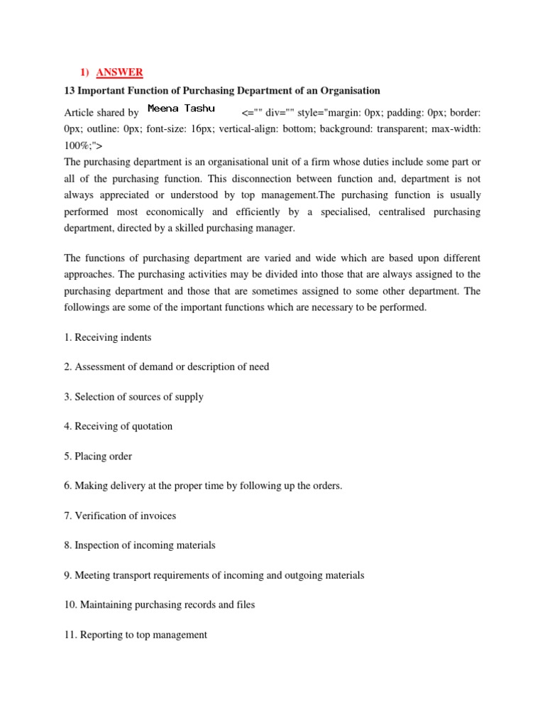 1) Answer: 13 Important Function of Purchasing Department of An ...