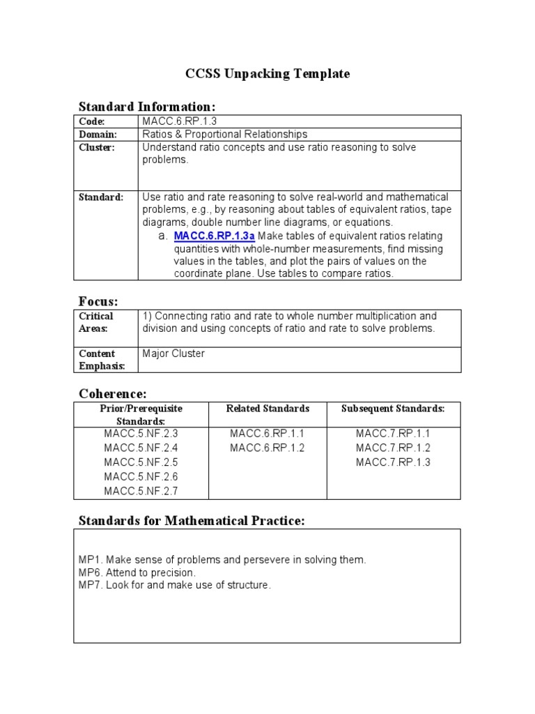 CCSS Unpacking Template Example | PDF | Ratio | Fraction (Mathematics)