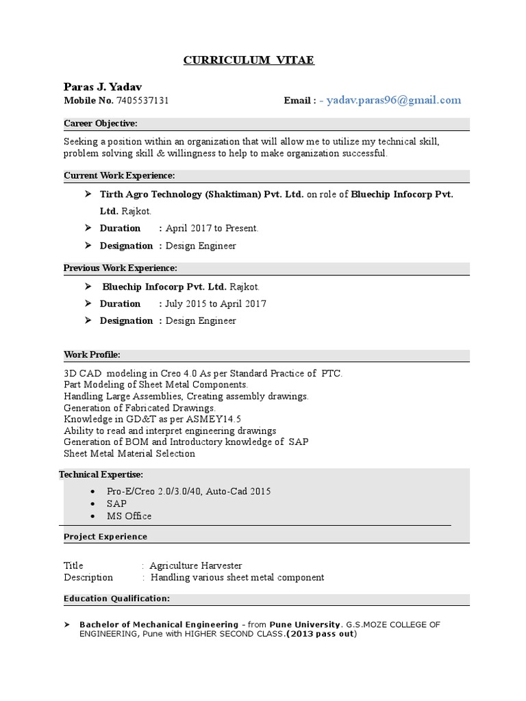 Paras Yadav CV Mechanical Design Engineer | PDF