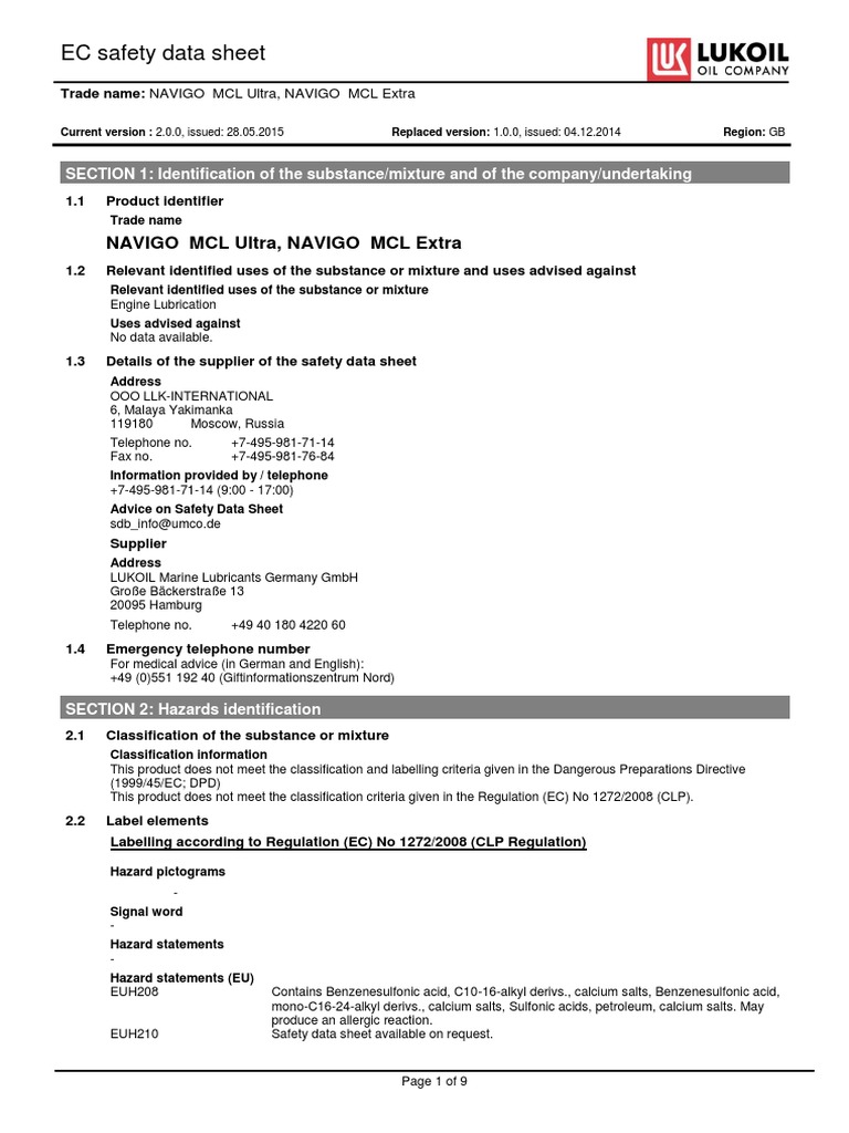Msds Navigo MCL Ultra Exta | PDF | Toxicity | Personal Protective Equipment