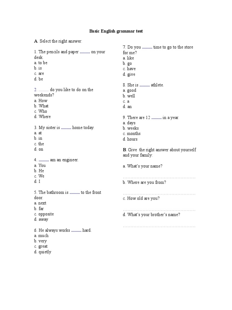 Basic English Grammar Test with Answers | PDF