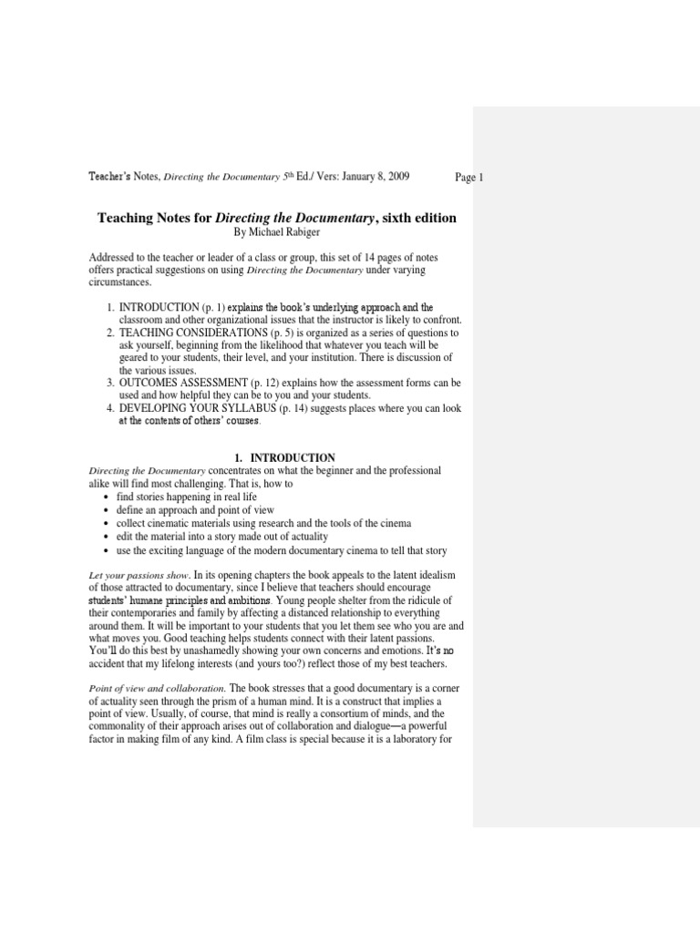 Teaching Notes For Directing The Documentary, Sixth Edition | PDF ...