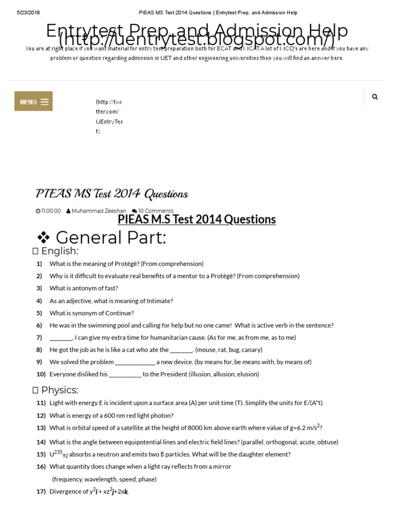 PIEAS MS Test 2014 Questions - Entrytest Prep. and Admission Help ...