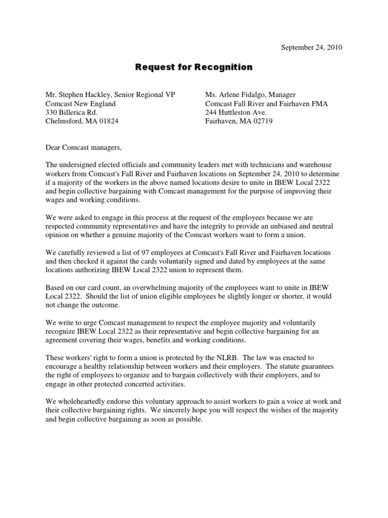 Letter to Comcast certifying union majority and requesting bargaining ...