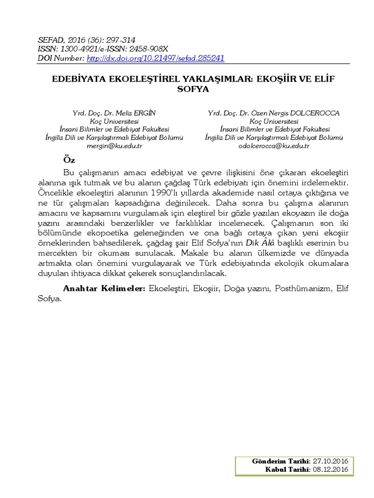 Edebiyata Ekoelestirel Yaklasimlar Ekosiir Ve Elif Sofya f262782 | PDF