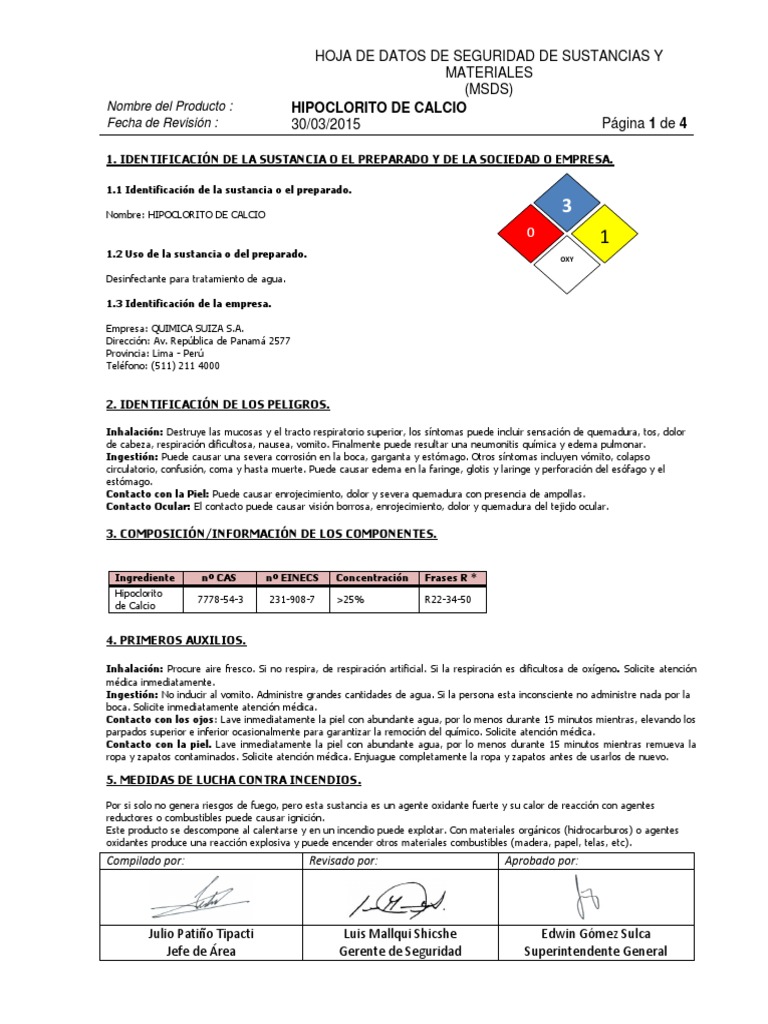 Modelo de Hoja MSDS Hipoclorito de Calcio | PDF | Amoníaco | Descomposición