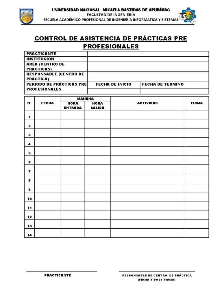 Ficha de Control de Asistencia de Practicas Pre Profesionales Ficha de Control de Asistencia de Practicas Pre Profesionales