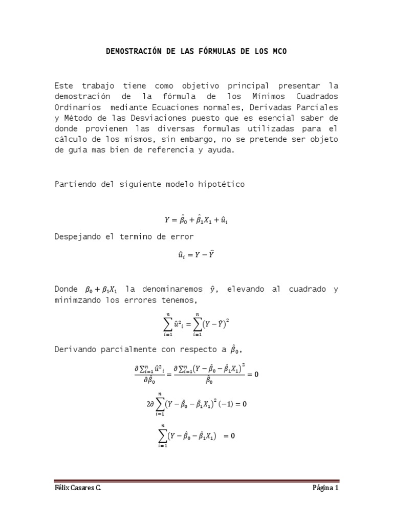 Demostración de Las Fórmulas de Los Mco | Ecuaciones | Derivado