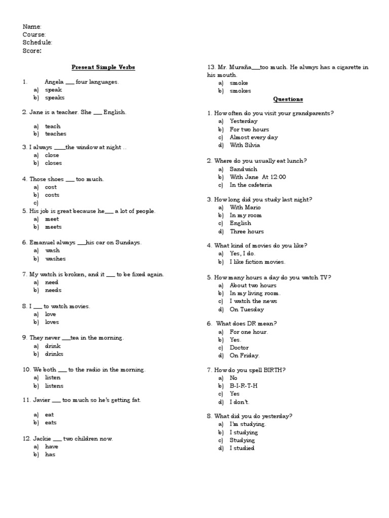 Present Simple Verbs Practice Quiz | PDF