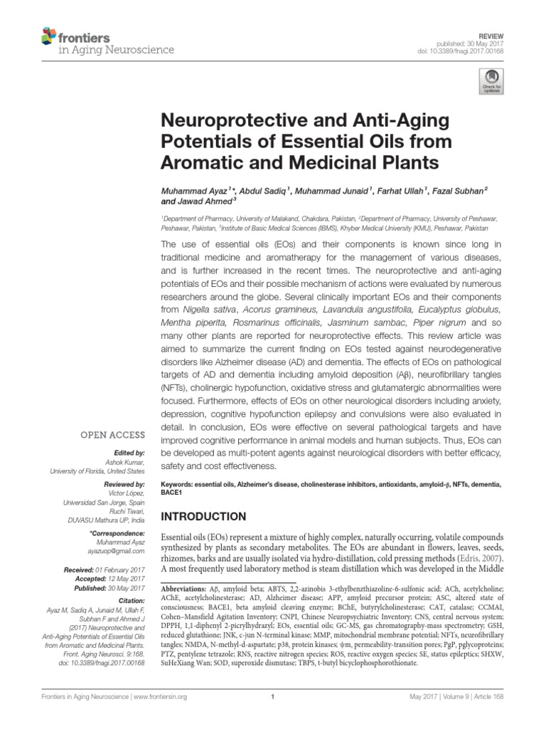 Neuroprotective and Anti-Aging Potentials of Essential Oils From Aromatic and Medicinal Plants ...