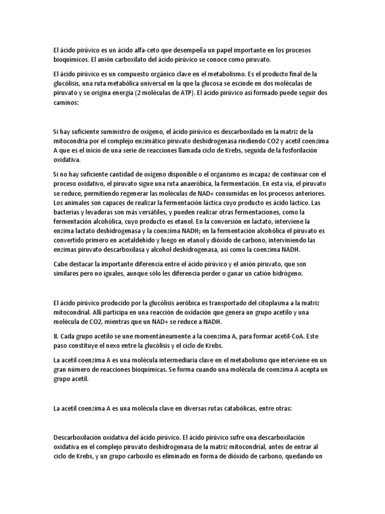 Acido Piruvico | PDF | Ciclo del ácido cítrico | Dieta y nutrición