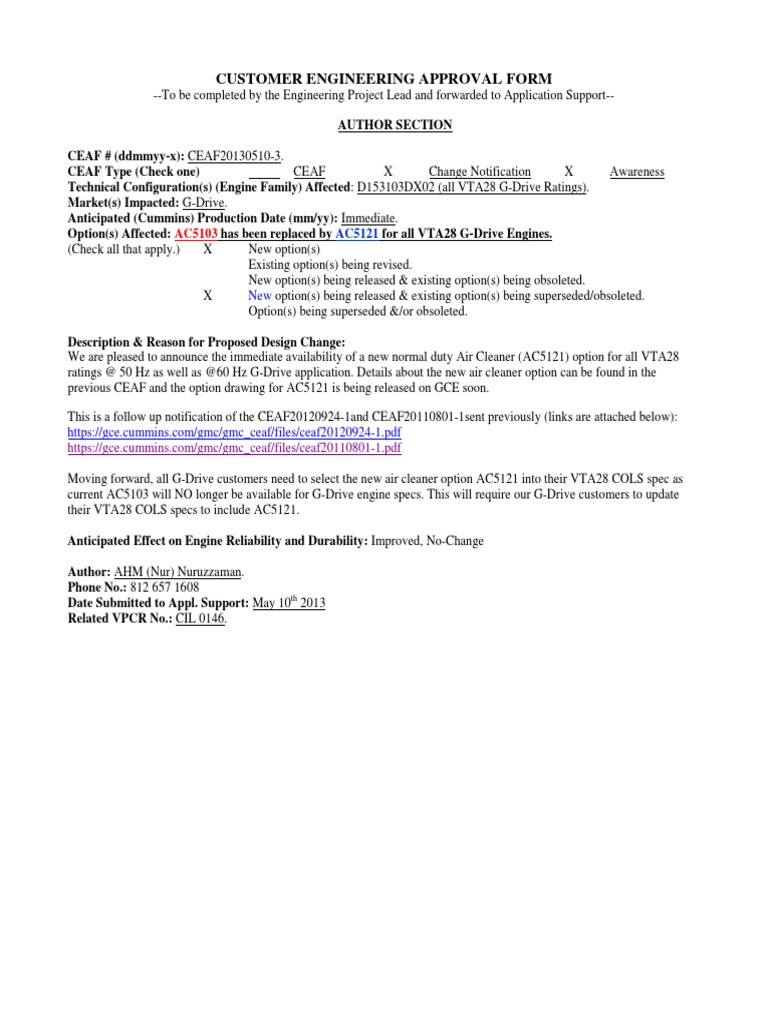 Customer Engineering Approval Form | PDF