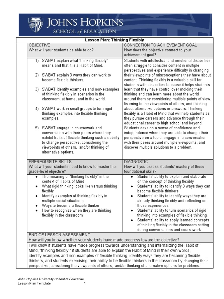 Thinking Flexibly Lesson Plan 1 1 | PDF | Thought | Lesson Plan