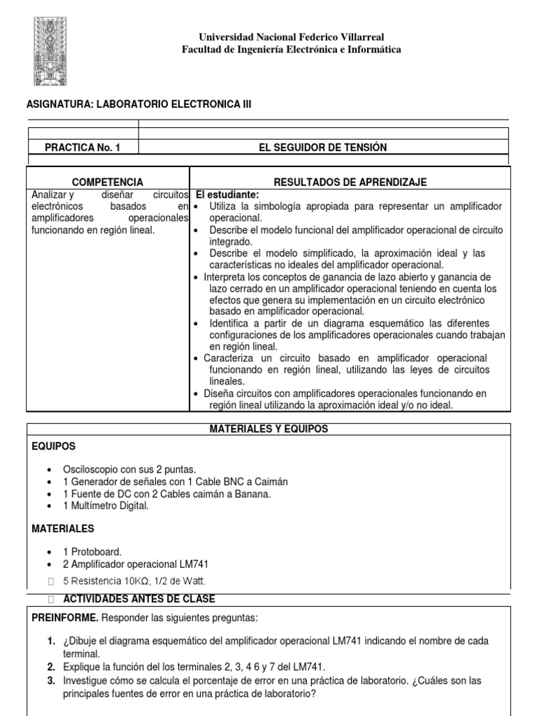 Laboratorio 1-Seguidor de Tension | PDF | Amplificador operacional ...