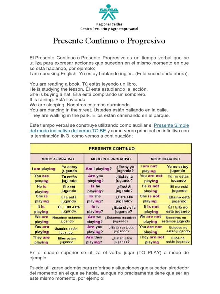 Presente Continuo o Progresivo Explicación, Ejercicios | PDF