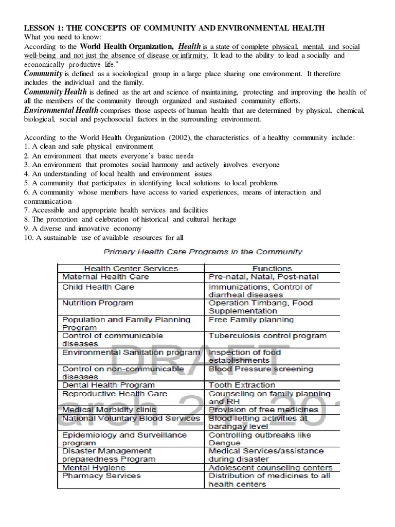 Lesson 1: The Concepts of Community and Environmental Health | PDF ...