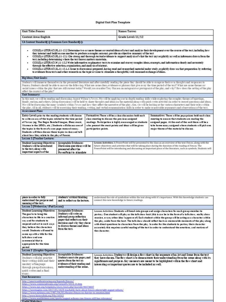 Fences Unit Plan | PDF | Reading (Process) | Lecture
