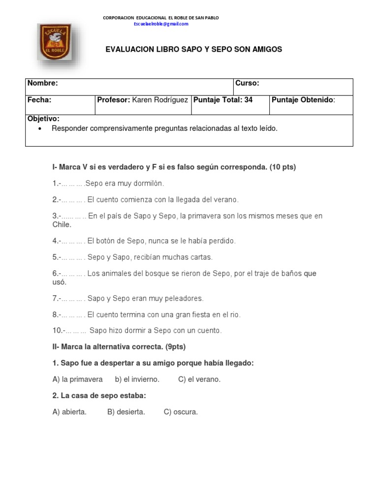 Evaluacion Libro Sapo y Sepo Son Amigos | PDF | Ocio
