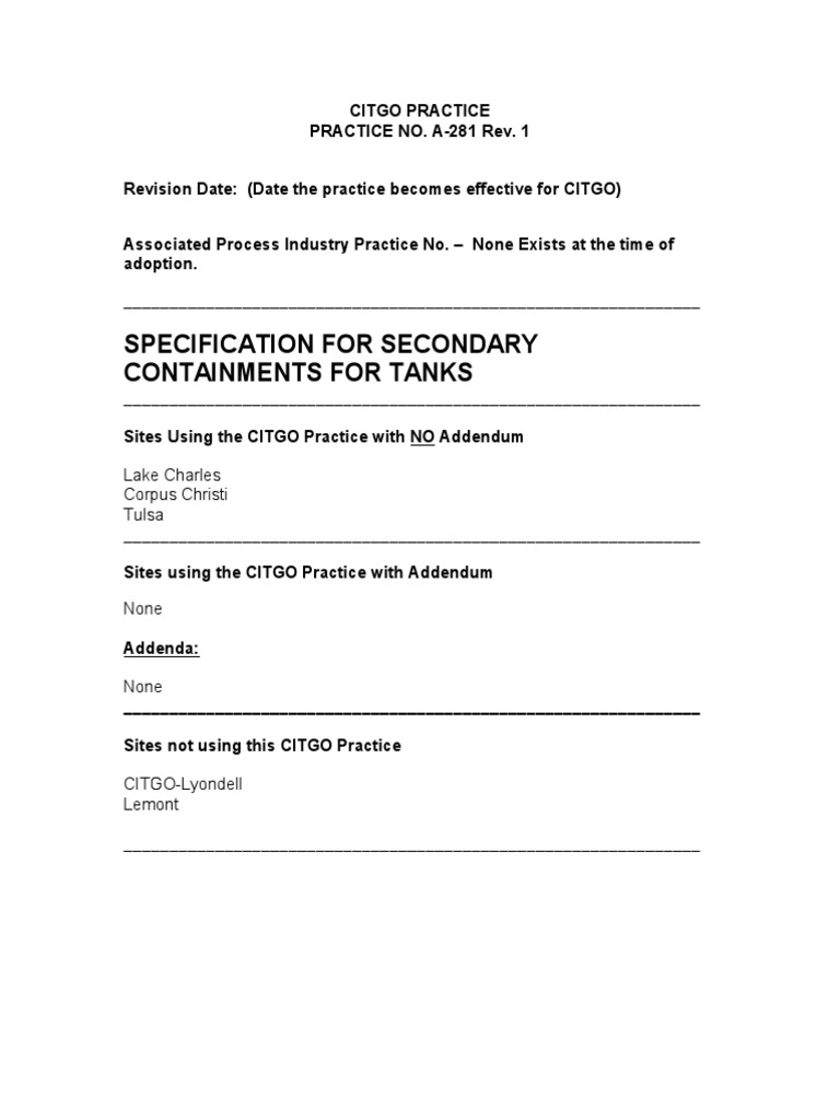 Secondary Containments For Tanks | PDF | Specification (Technical ...