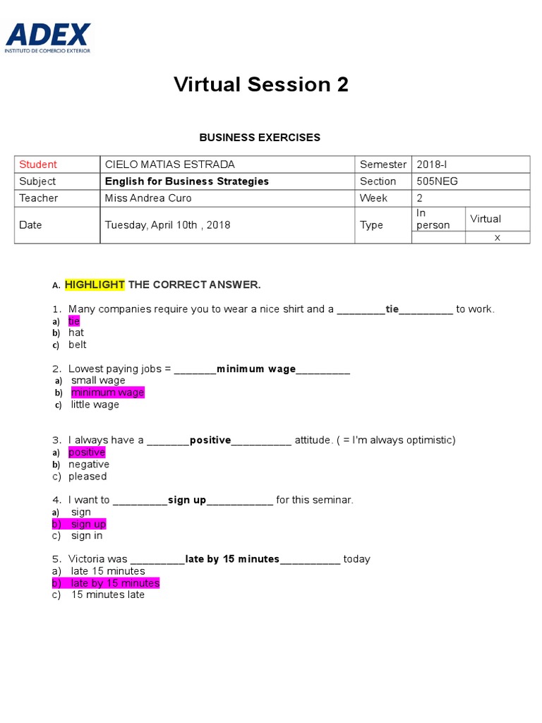 Virtual Session 2: Business Exercises | PDF