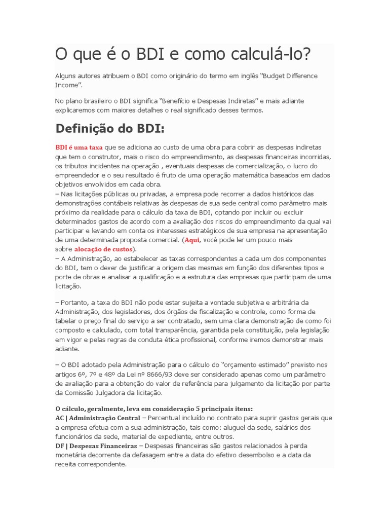 O que é o BDI e como calculá-lo? Entendendo a composição e fórmula ...