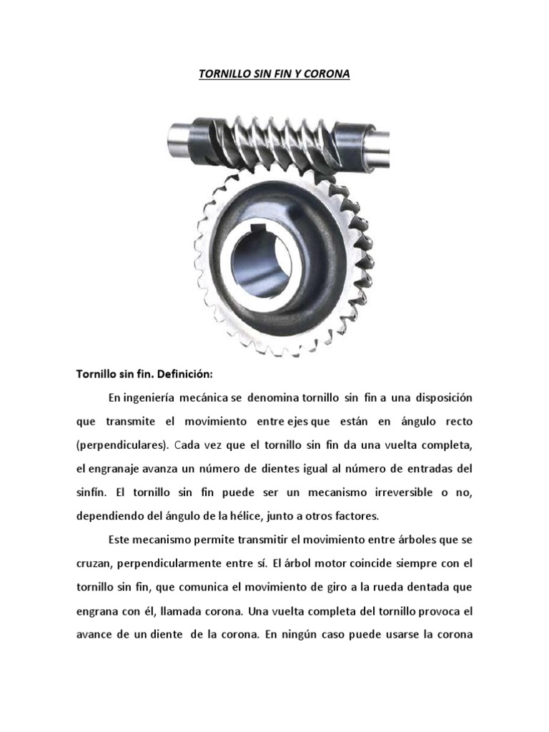 Tornillo Sin Fin y Corona: Definición y Usos | PDF | Engranaje | Eje
