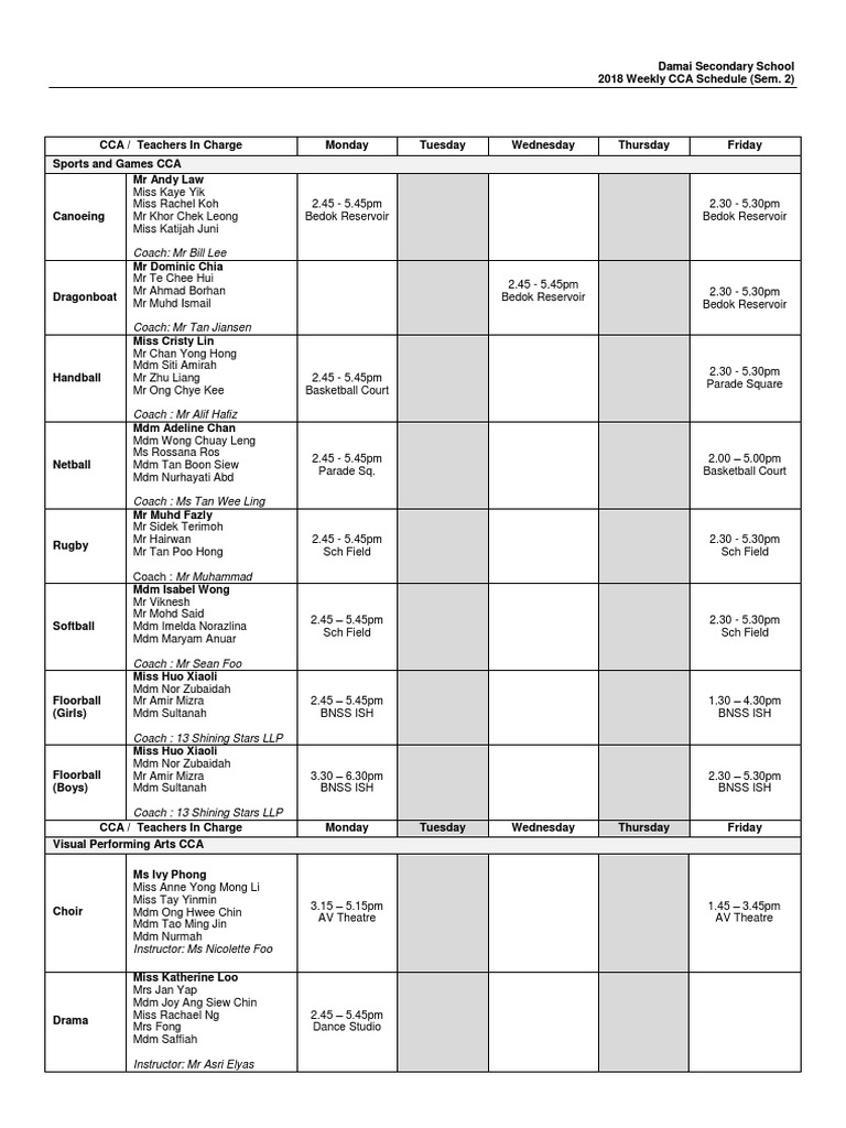 2018 Damai Sec CCA Schedule | PDF | Singapore | World Politics