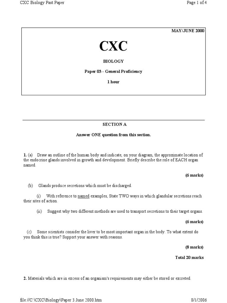 2000 CXC Biology Paper 3 - May-Jun | PDF | Pollination | Parasitism