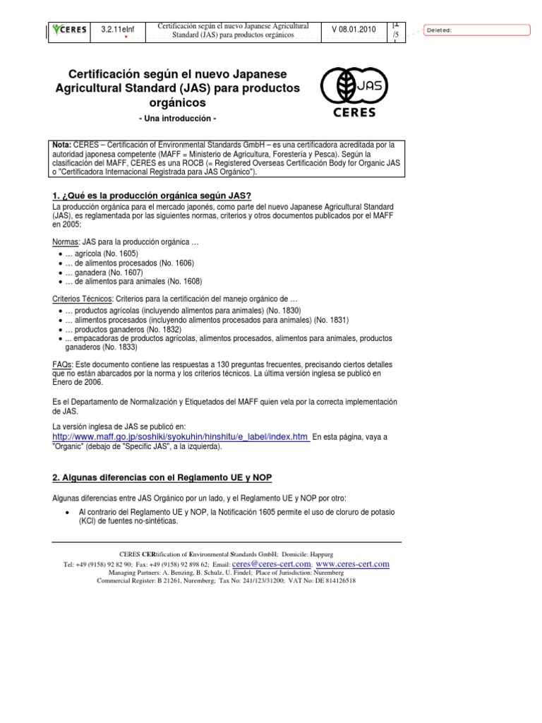 Certificación Según El Nuevo Japanese Agricultural Standard (JAS) | PDF ...
