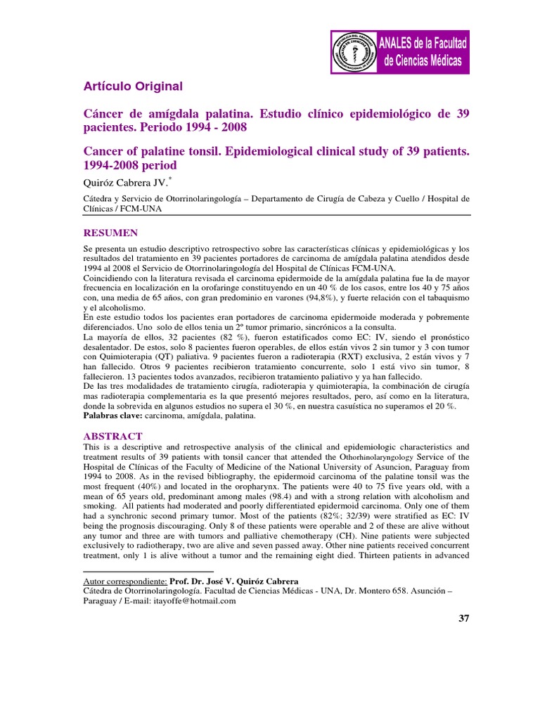 Carcinoma de Amígdala Palatina: Estudio Clínico | PDF | Metástasis | Cáncer