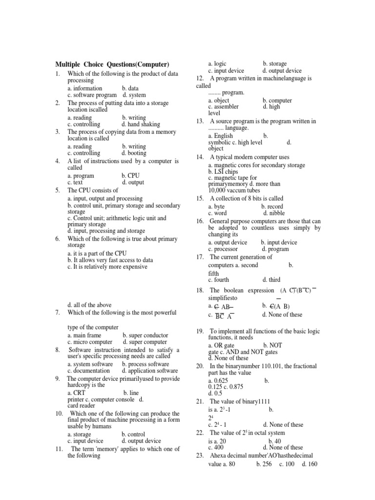 Multiple Choice Questions | PDF | Computer Data Storage | Input/Output