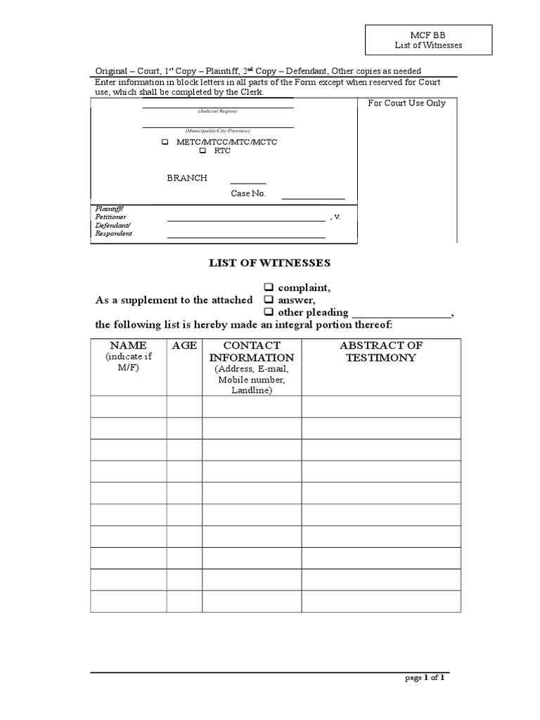 MCF BB List of Witnesses | PDF