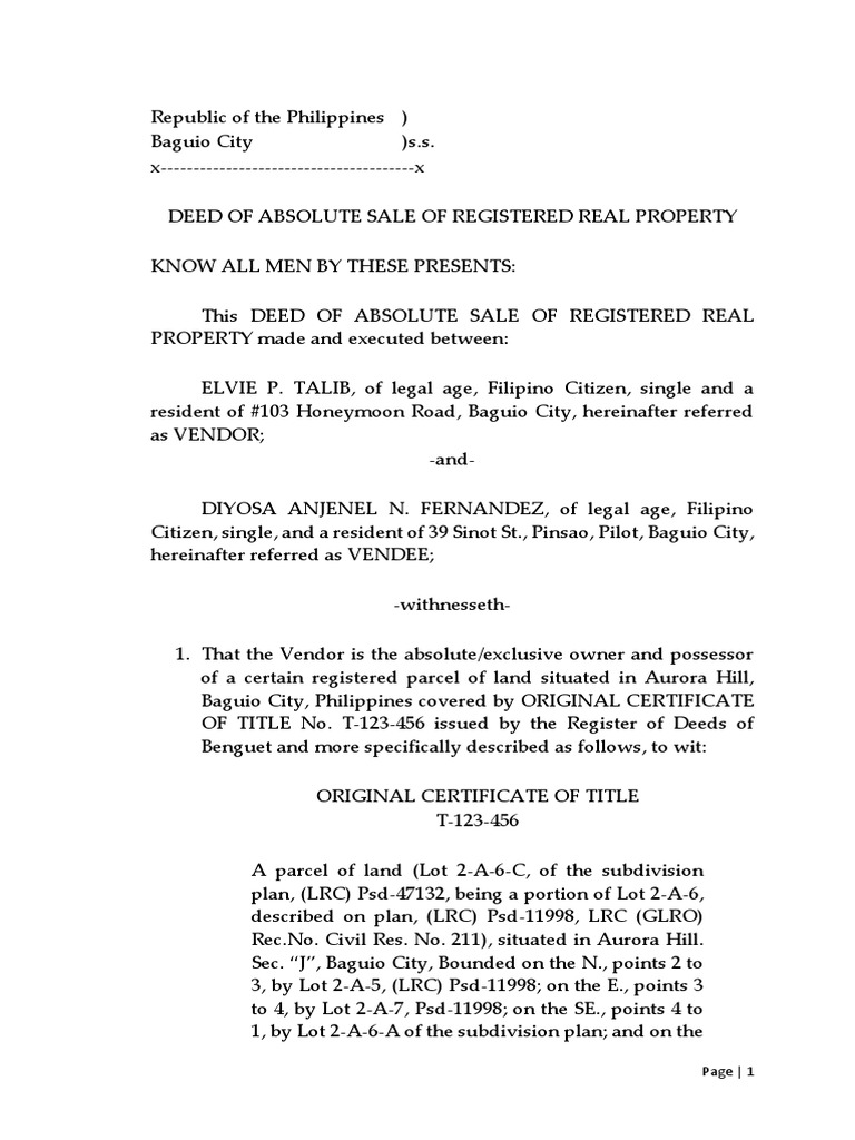 Deed of Sale Sample | PDF | Property Law | Property