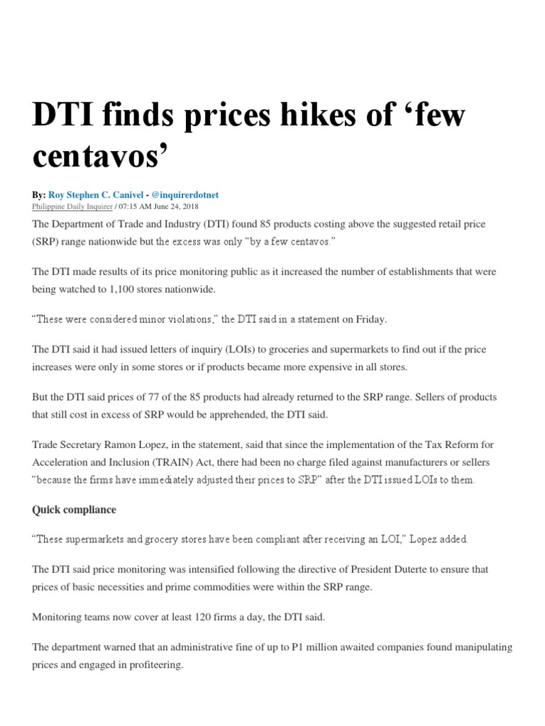 DTI Finds Prices Hikes of | PDF | Natural Gas | Inflation
