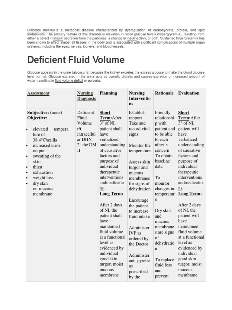 Deficient Fluid Volume: Assessment Nursing Diagnosis | PDF | Weakness ...