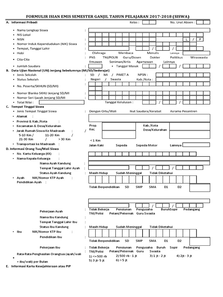 Contoh Formulir PIP Siswa 2017-2018 | PDF