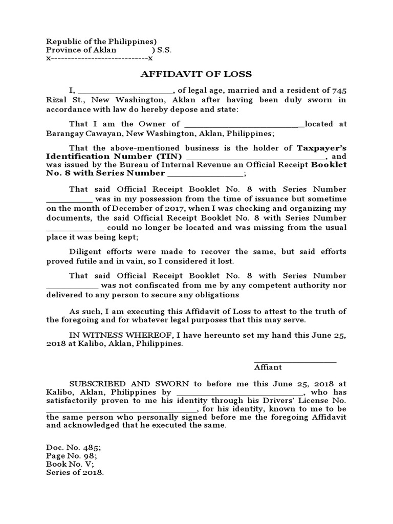 Aff of Loss Sales Invoice Booklet | PDF