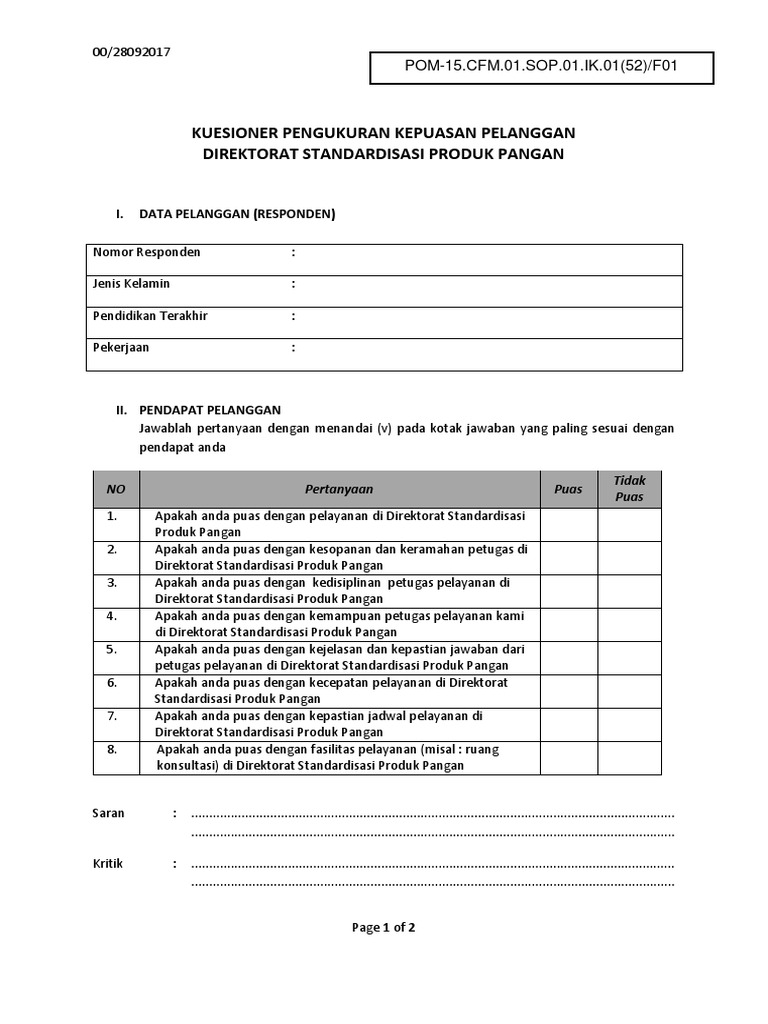 Formulir Kuisioner Pengukuran Kepuasan Pelanggan | PDF