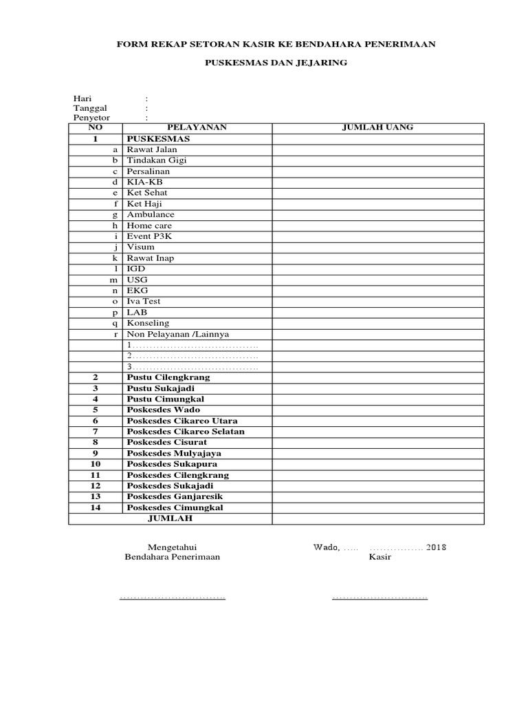 Contoh Form Rekap Setoran Kasir Ke Bendahara Penerimaan | PDF | Memasak ...