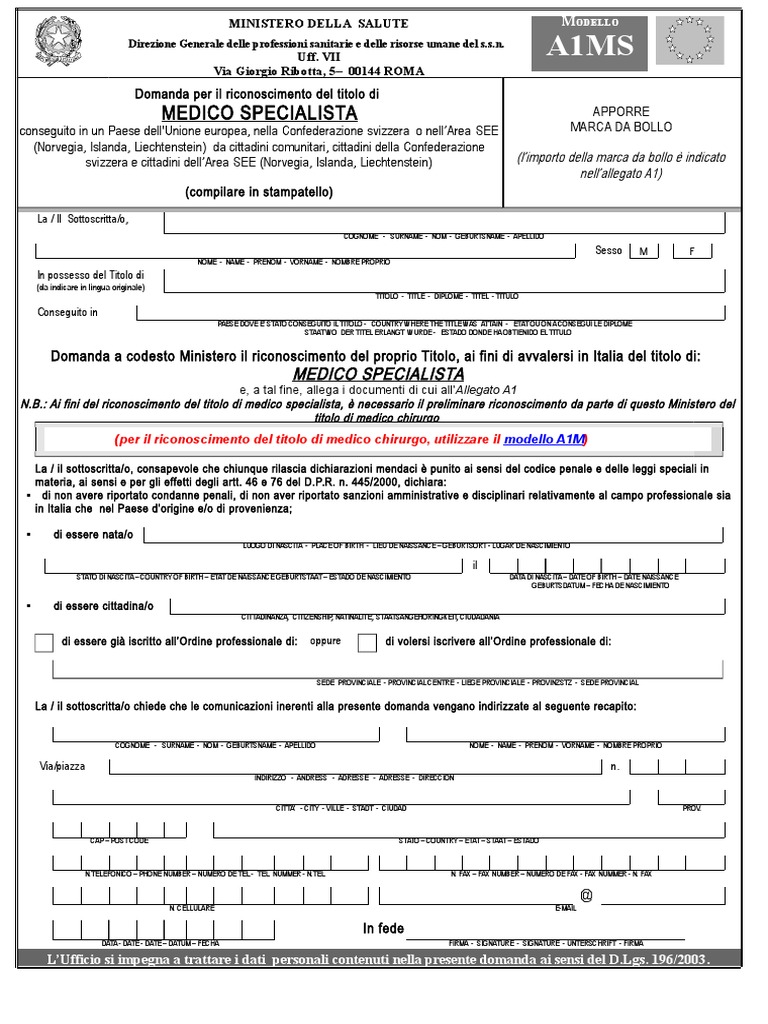 Modello a1ms Medico Specialista